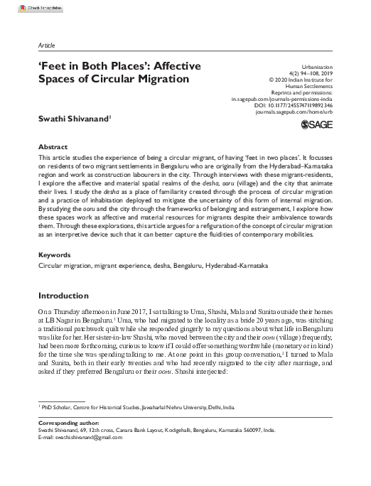 (PDF) 'Feet in Both Places': Affective Spaces of Circular Migration