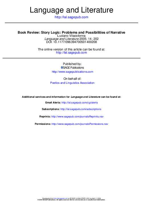 (PDF) Book Review: Story Logic: Problems and Possibilities of Narrative
