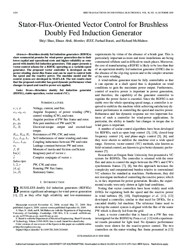 Pdf Stator Flux Oriented Vector Control For Brushless Doubly Fed