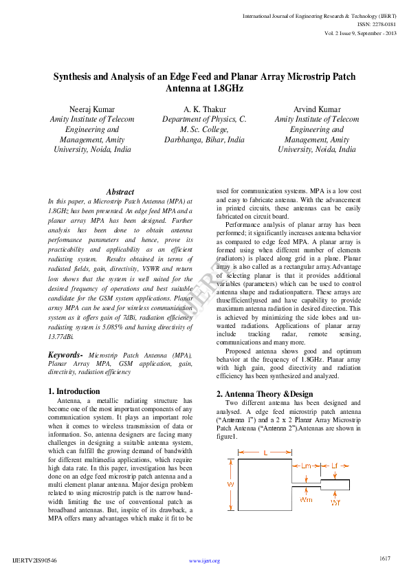 Pdf Ijert Synthesis And Analysis Of An Edge Feed And Planar Array Microstrip Patch Antenna At