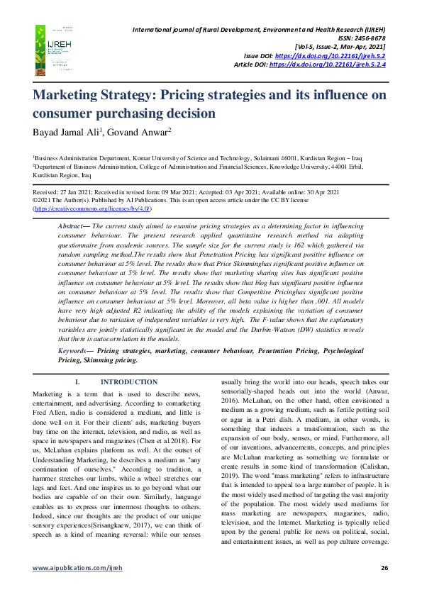 (PDF) Marketing Strategy: Pricing strategies and its influence on ...