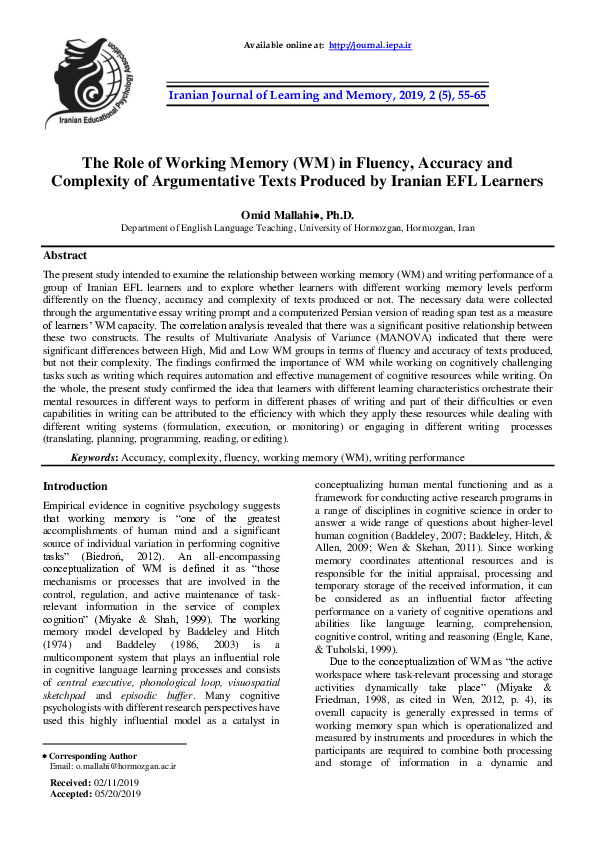 Pdf The Role Of Working Memory Wm In Fluency Accuracy And Complexity Of Argumentative Texts