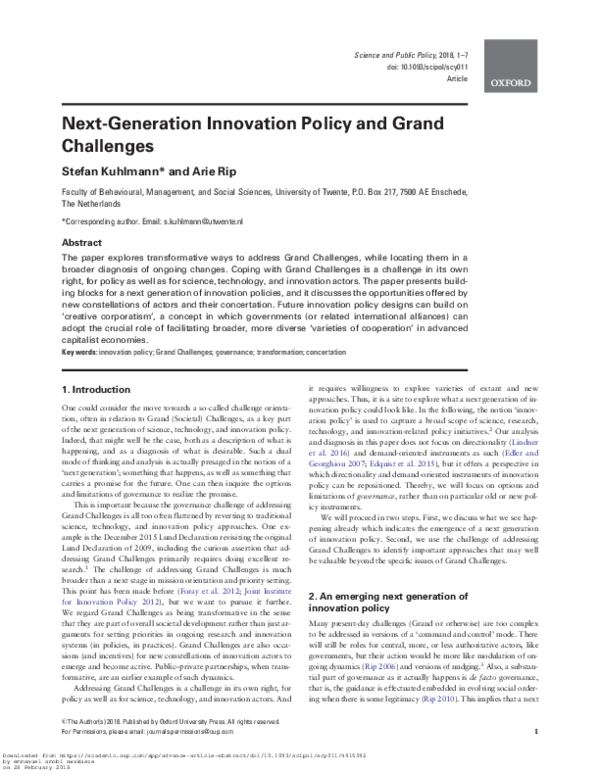 (PDF) Next-Generation Innovation Policy and Grand Challenges