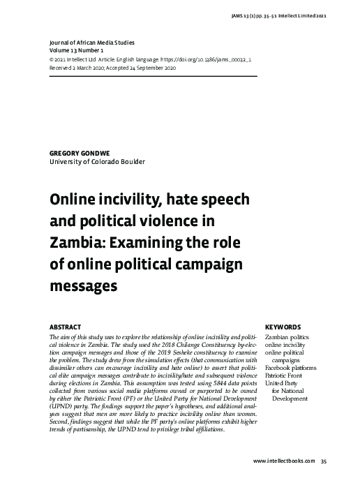 (PDF) Online incivility, hate speech, and political violence in Zambia ...