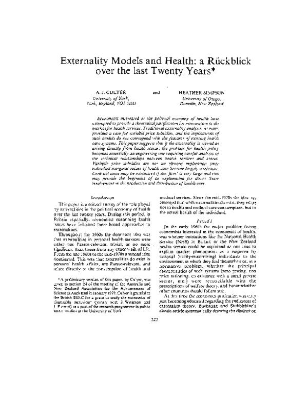 (PDF) Externality Models and Health:a Rückblick over the last Twenty Years
