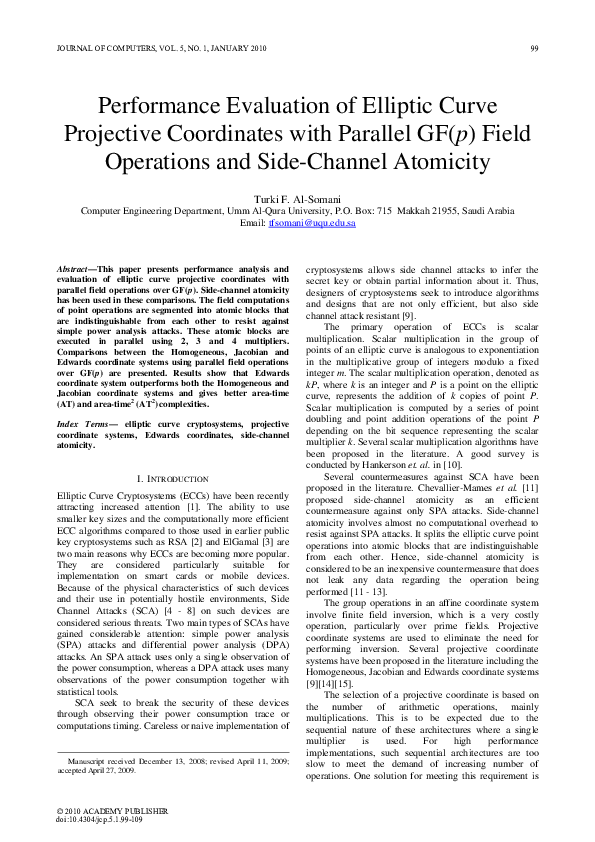 Pdf Performance Evaluation Of Elliptic Curve Projective Coordinates With Parallel Gfp Field