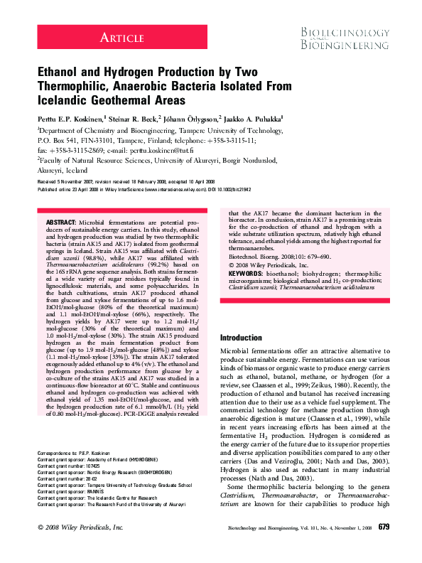 (PDF) Ethanol and hydrogen production by two thermophilic, anaerobic bacteria isolated from ...