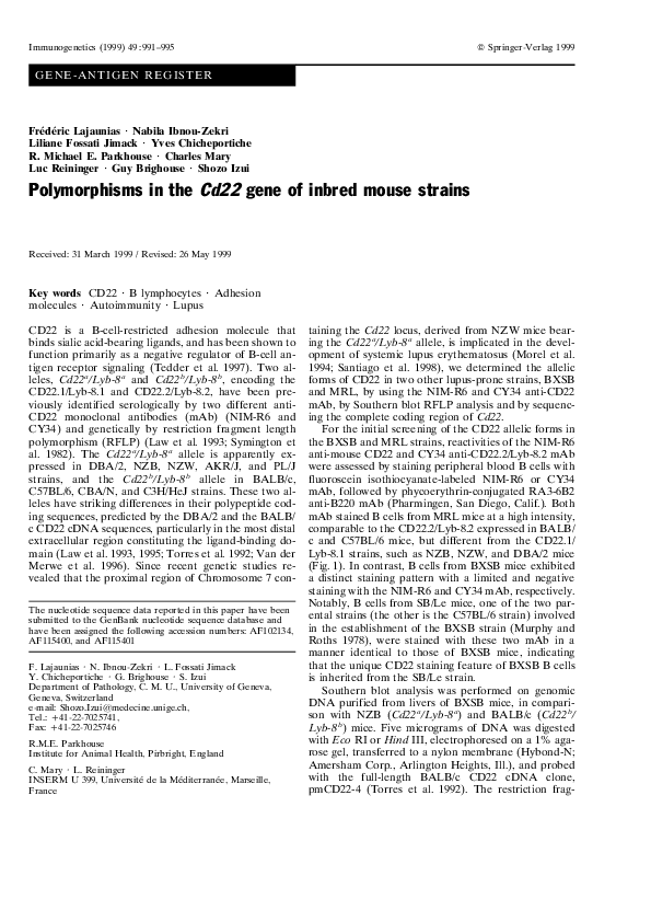 (PDF) Polymorphisms in the Cd22 gene of inbred mouse strains