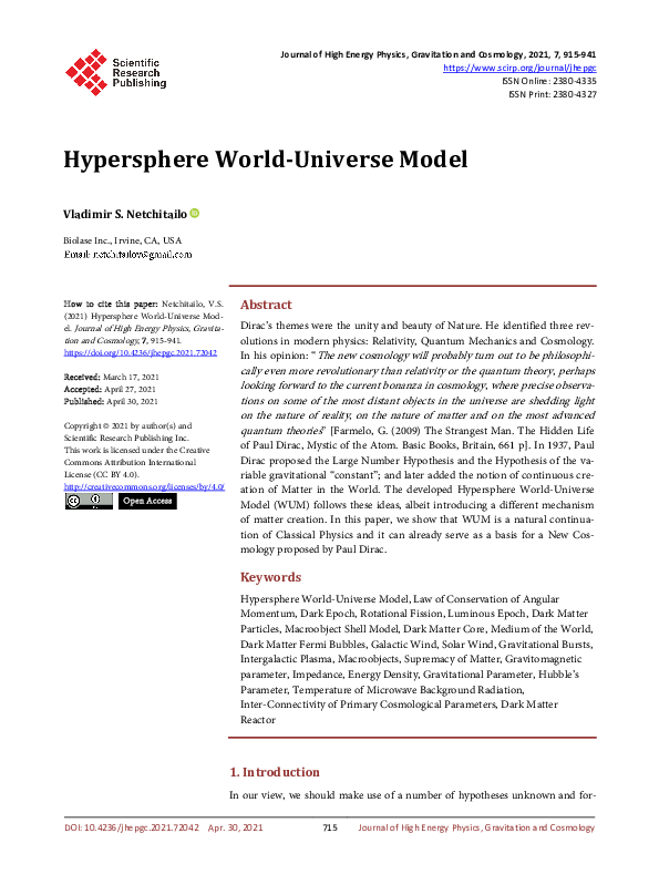(PDF) Hypersphere World-Universe Model