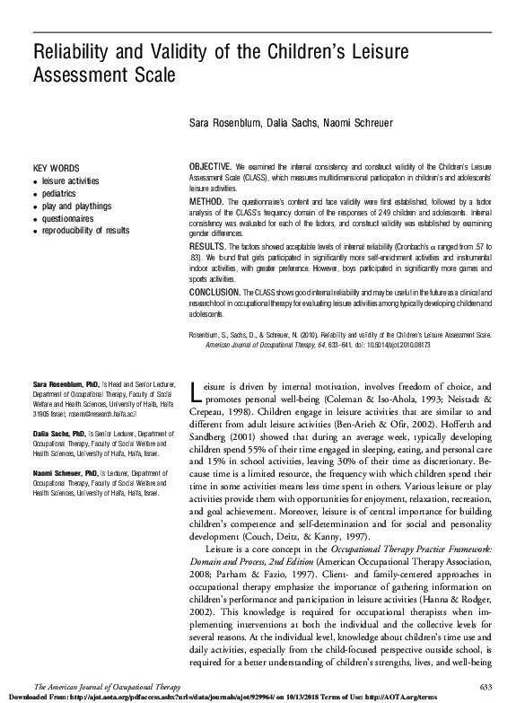 (PDF) Reliability and Validity of the Children's Leisure Assessment Scale