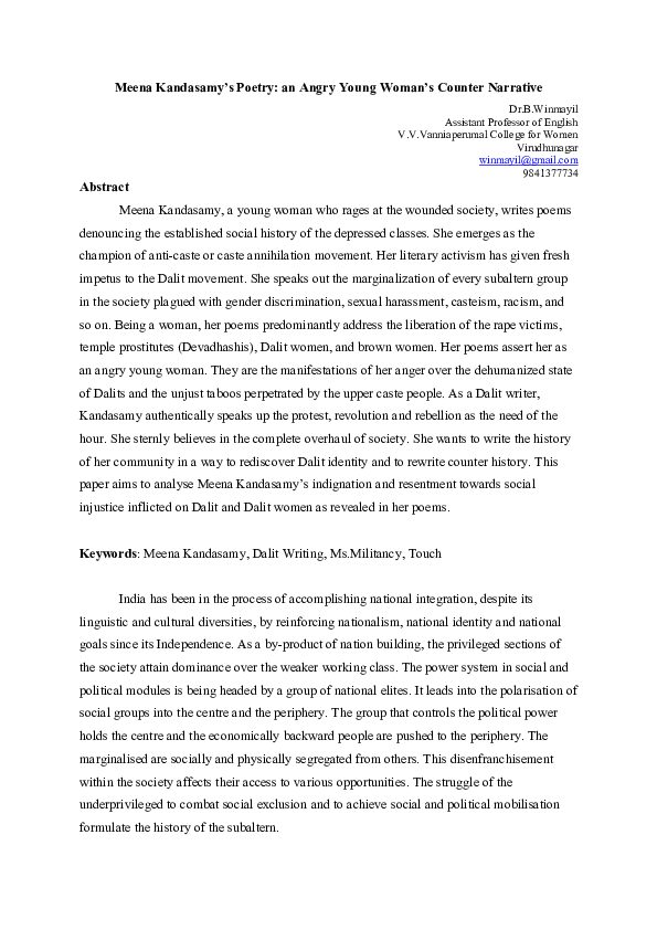 (DOC) Meena Kandasamy's Poetry: an Angry Young Woman's Counter Narrative