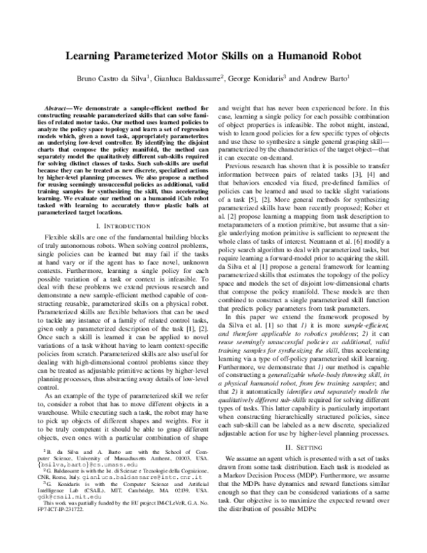 (PDF) Learning parameterized motor skills on a humanoid robot