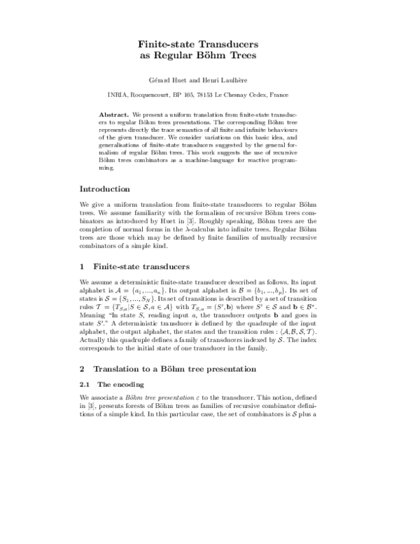 (PDF) Finite-state transducers as regular Böhm trees | Gérard Huet - Academia.edu