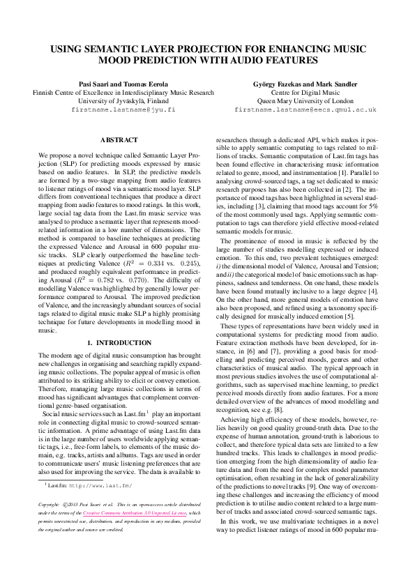 (PDF) Using Semantic Layer Projection for Enhancing Music Mood Prediction with Audio Features