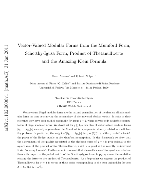 (PDF) Vector-Valued Modular Forms from the Mumford Form, Schottky-Igusa Form, Product of ...