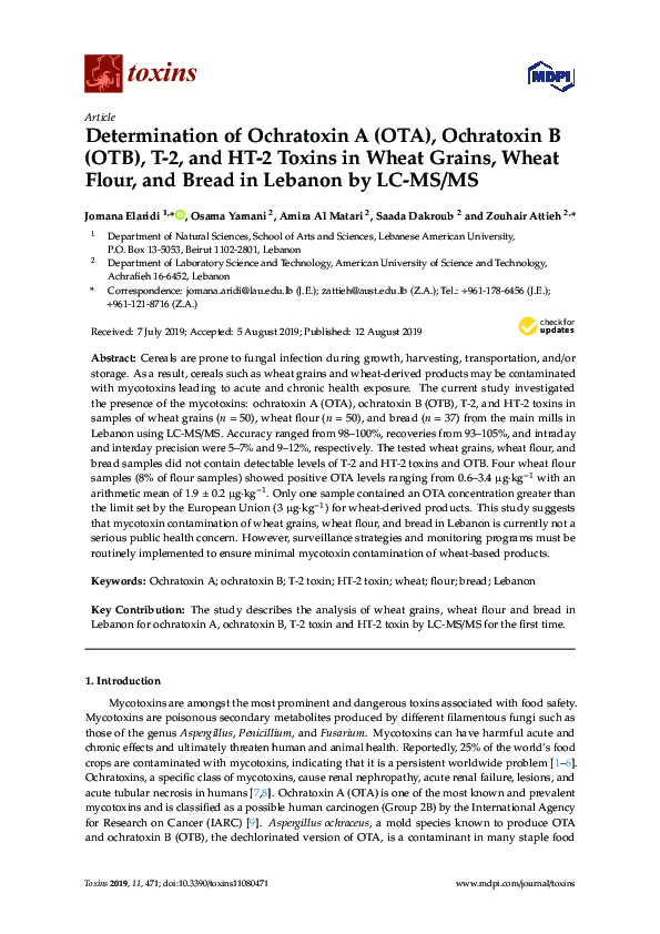 Pdf Occurrence Of Ochratoxin A In Algerian Wheat And Its Milling Derivatives Amar Riba