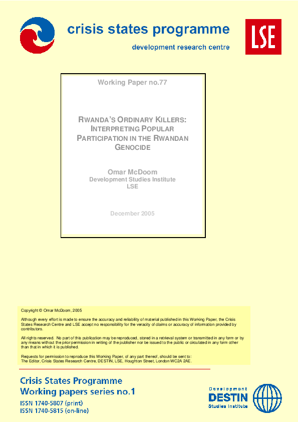 (PDF) Working Paper No. 77. Rwanda's Ordinary Killers: interpreting ...
