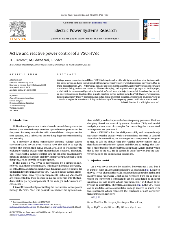 Pdf Active And Reactive Power Control Of A Vsc Hvdc
