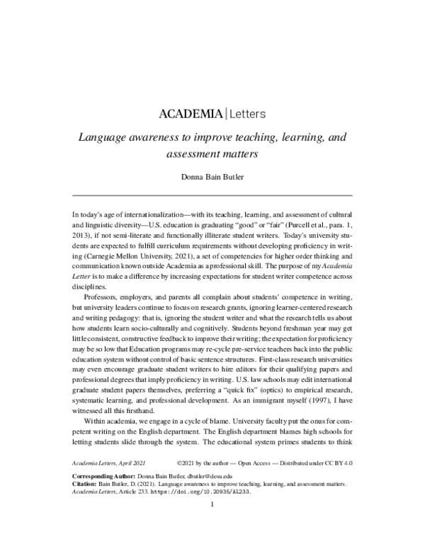(PDF) Language awareness to improve teaching, learning, and assessment ...