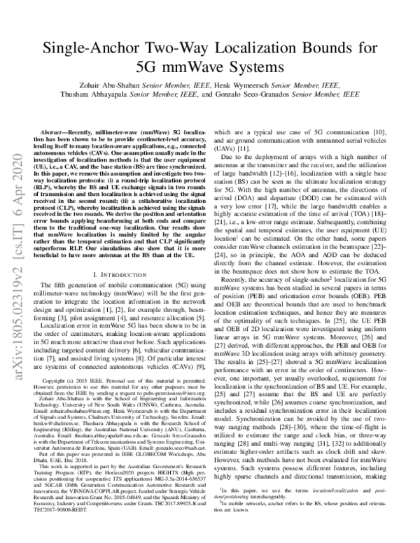 Pdf Single Anchor Two Way Localization Bounds For 5g Mmwave Systems