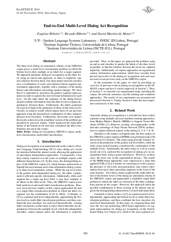 (PDF) End-to-End Multi-Level Dialog Act Recognition