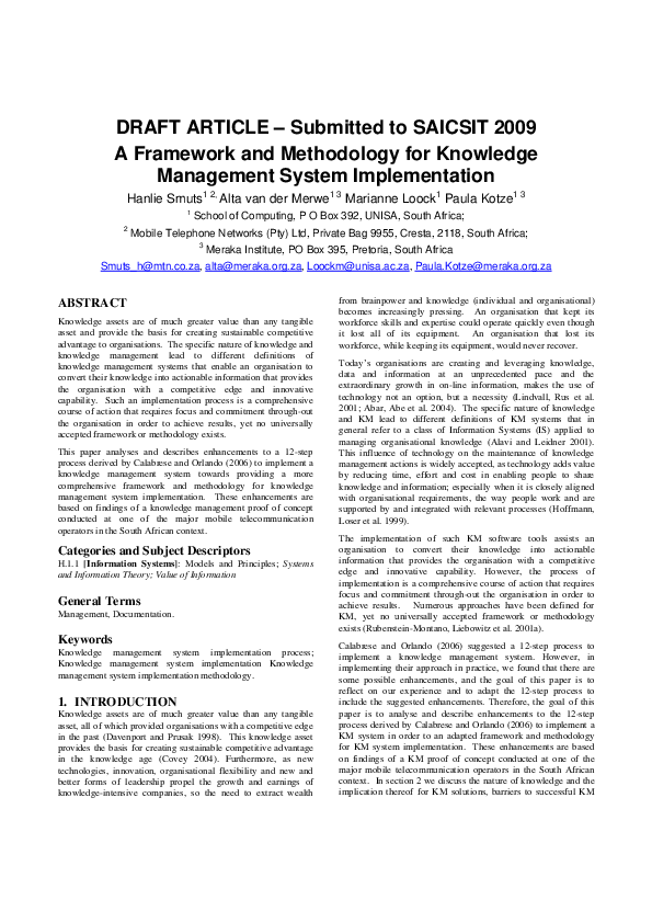 (PDF) DRAFT ARTICLE–Submitted to SAICSIT 2009 A Framework and Methodology for Knowledge ...