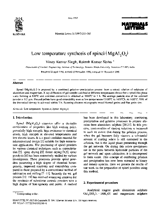Pdf Low Temperature Synthesis Of Spinel Mgal2o4