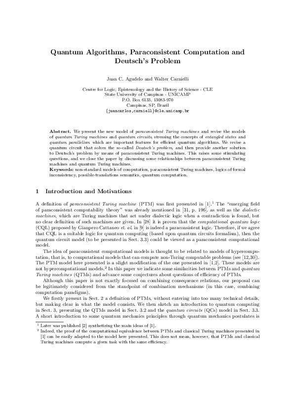 (PDF) Quantum algorithms, paraconsistent computation and Deutsch’s problem
