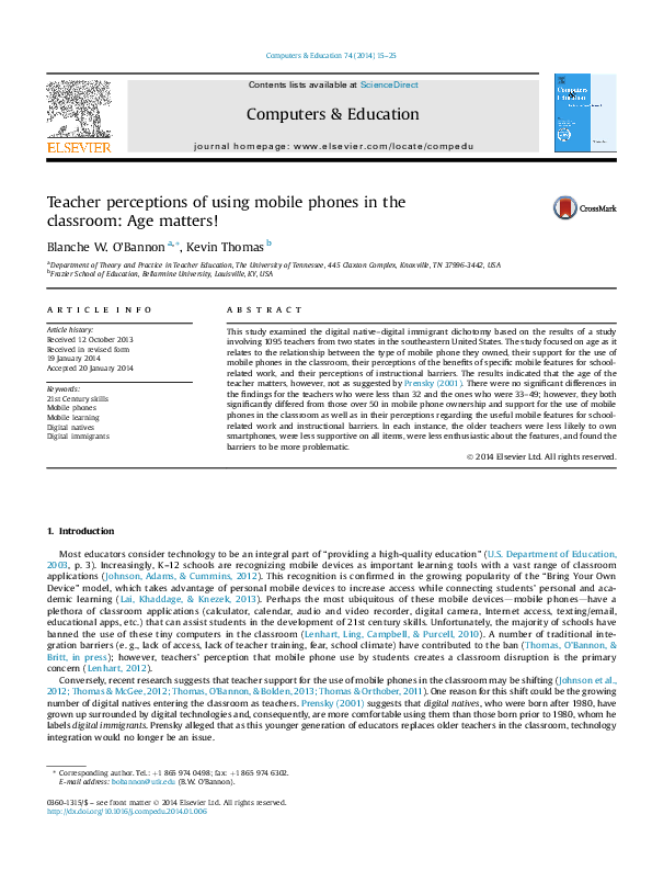 (PDF) Teacher perceptions of using mobile phones in the classroom: Age matters!