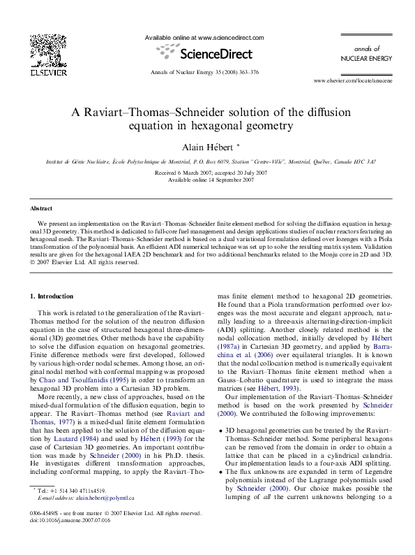 Pdf A Raviartthomasschneider Solution Of The Diffusion Equation In Hexagonal Geometry 
