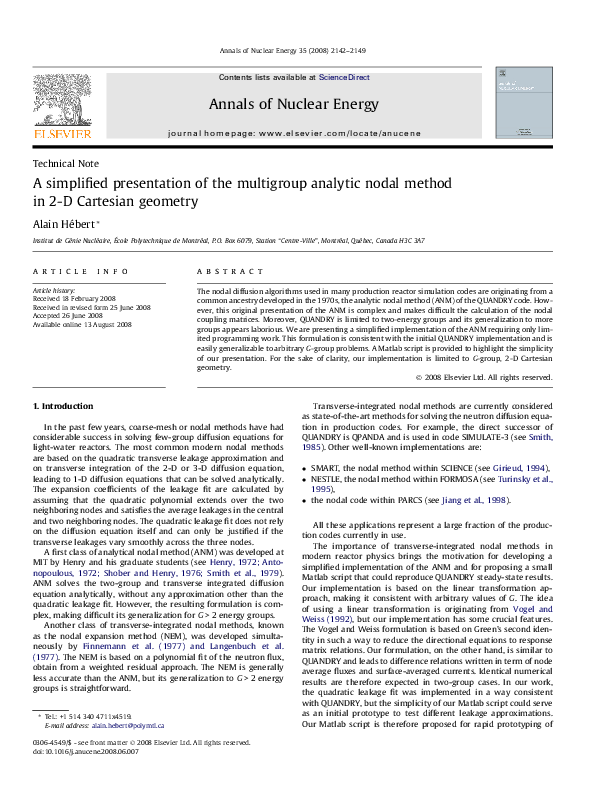 Pdf A Simplified Presentation Of The Multigroup Analytic Nodal Method In 2 D Cartesian Geometry