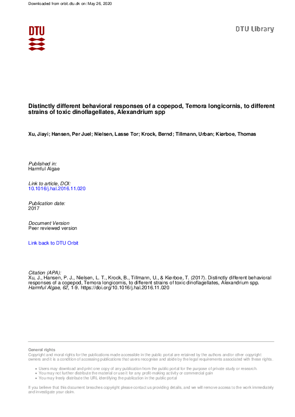 (PDF) Distinctly different behavioral responses of a copepod, Temora ...