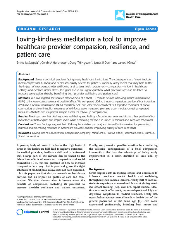 (PDF) Loving-kindness meditation: a tool to improve healthcare provider compassion, resilience ...