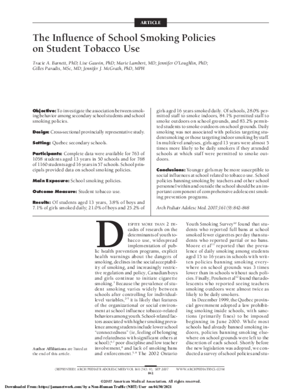 (PDF) The Influence of School Smoking Policies on Student Tobacco Use