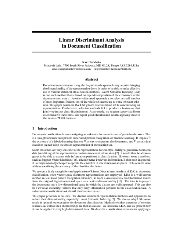 (PDF) Linear discriminant analysis in document classification