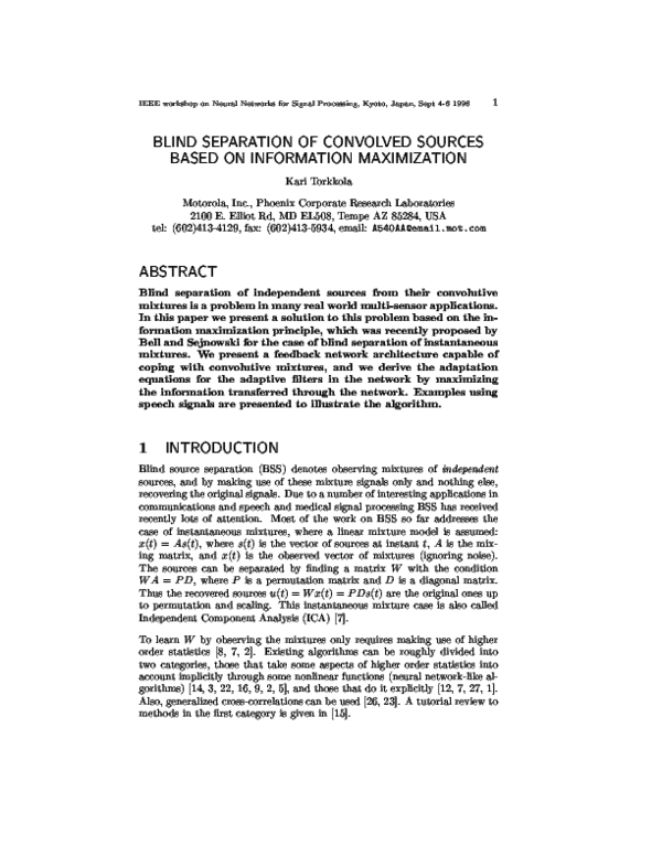 Pdf Blind Separation Of Convolved Sources Based On Information