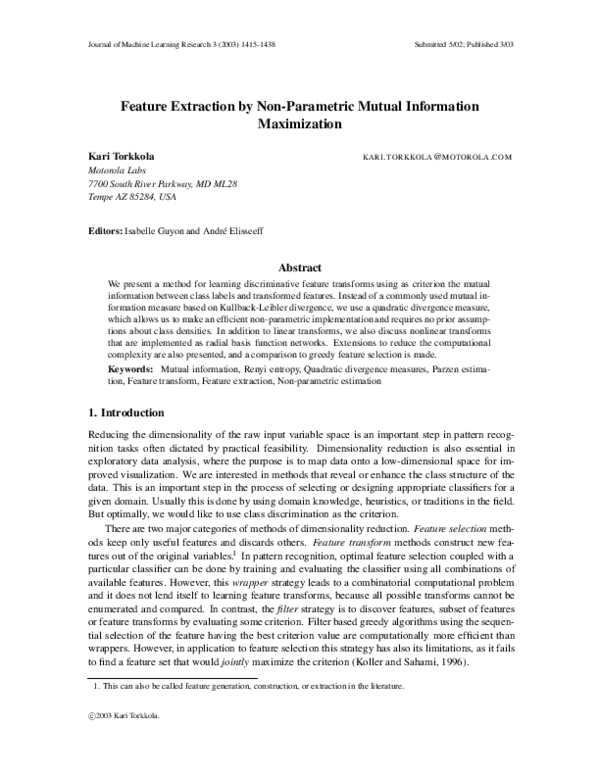 (PDF) Feature Extraction by Non-Parametric Mutual Information Maximization