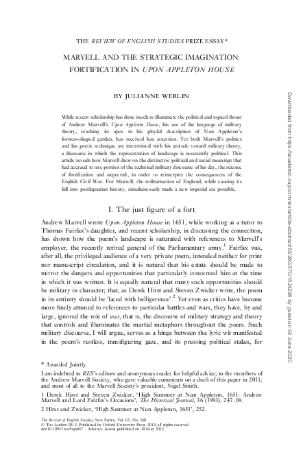 (PDF) The Review of English Studies Prize Essay * Marvell and the ...