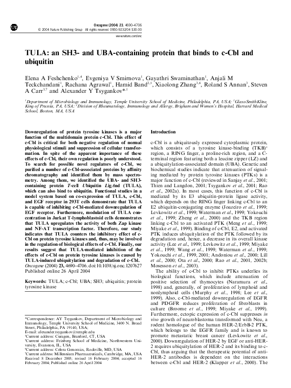 (PDF) TULA: an SH3- and UBA-containing protein that binds to c-Cbl and ...