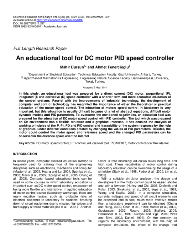 (PDF) An educational tool for DC motor PID speed controller