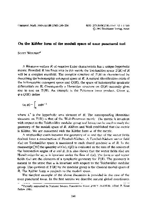 (PDF) On the Kähler form of the moduli space of once punctured tori