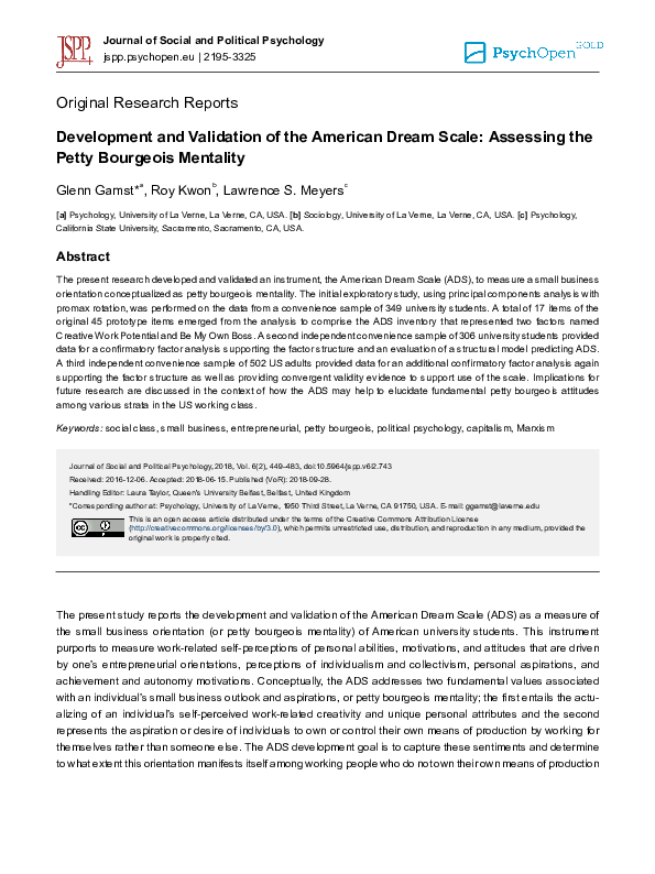 (PDF) Development and validation of the American Dream Scale: Assessing ...