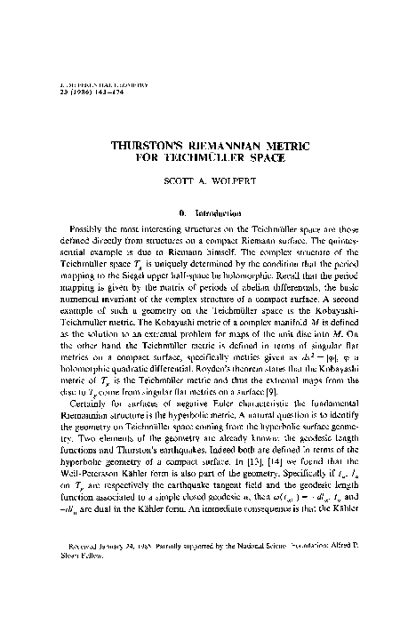 (PDF) Thurston's Riemannian metric for Teichmüller space