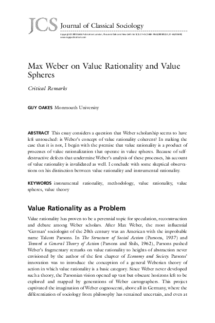 (PDF) Max Weber on Value Rationality and Value Spheres: Critical Remarks