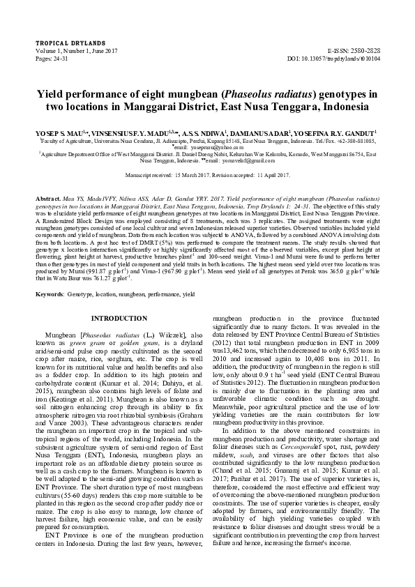 (PDF) Yield performance of eight mungbean (Phaseolus radiatus ...