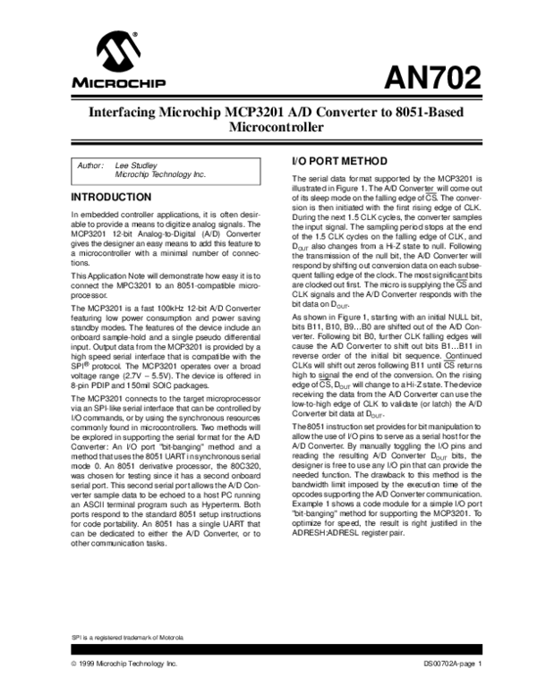 (PDF) Interfacing Microchip MCP3201 A/D Converter to 8051Based ...