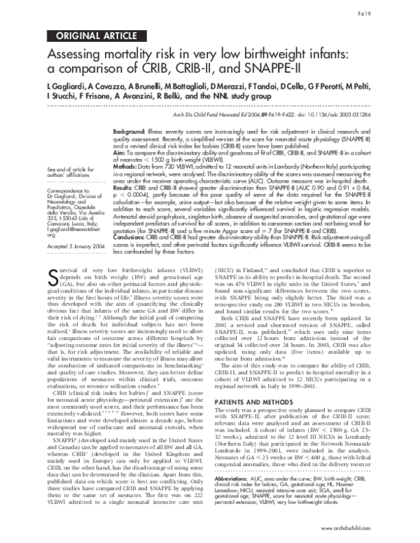 (PDF) Assessing mortality risk in very low birthweight infants: a ...