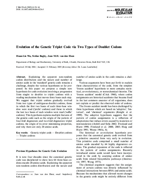 (PDF) Evolution of the Genetic Triplet Code via Two Types of Doublet Codons