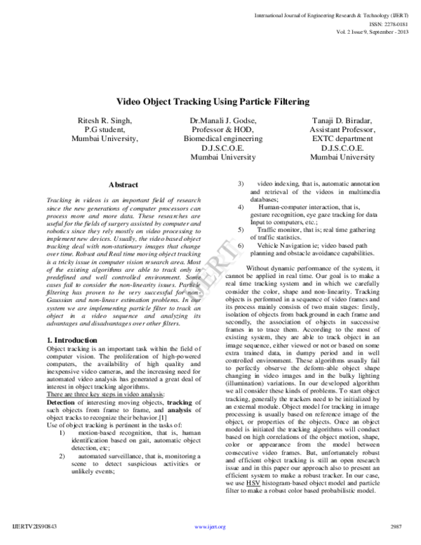 Pdf Ijert Video Object Tracking Using Particle Filtering Ijert Journal