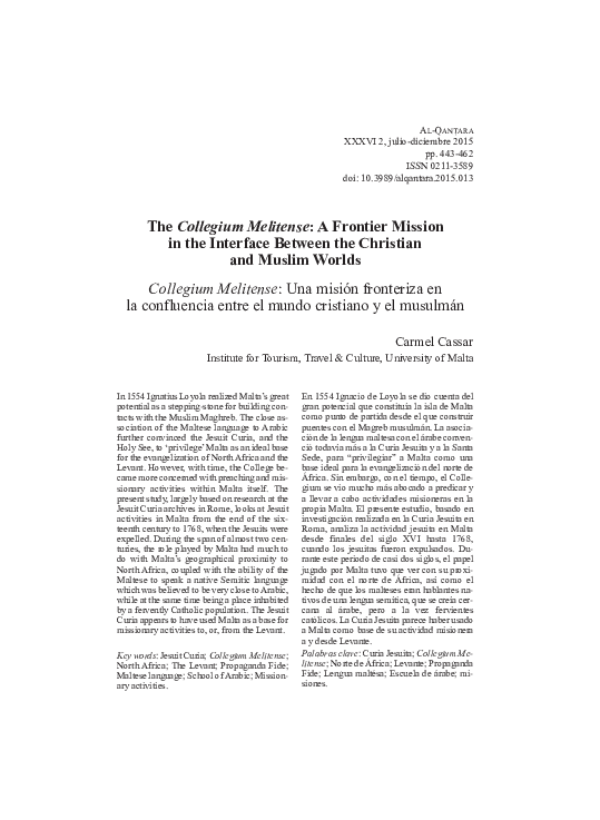 (PDF) The Collegium Melitense : A Frontier Mission in the Interface ...
